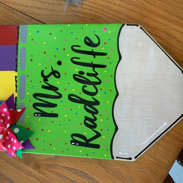 Personalized TEACHER PENCIL SIGN Name Plaque School Class Rainbow ...