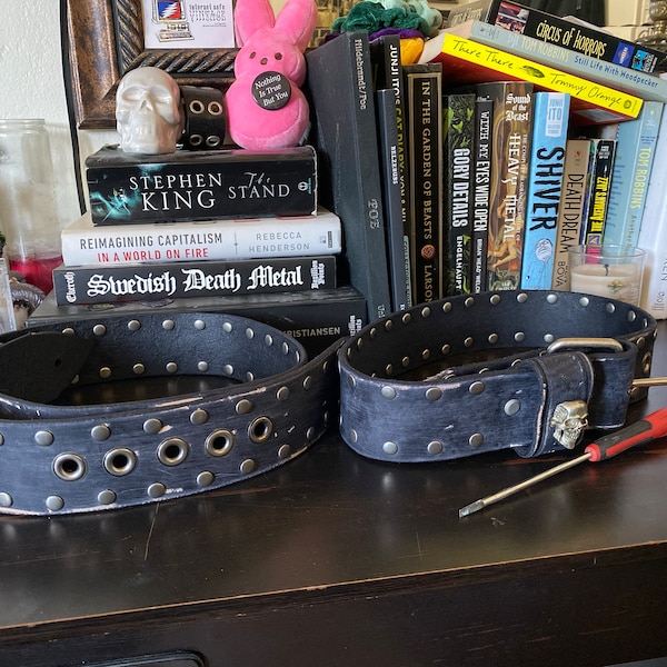 Aged Leather Belt Studded. Skull Loop Design. 2 Inches Wide. BLACK - Etsy
