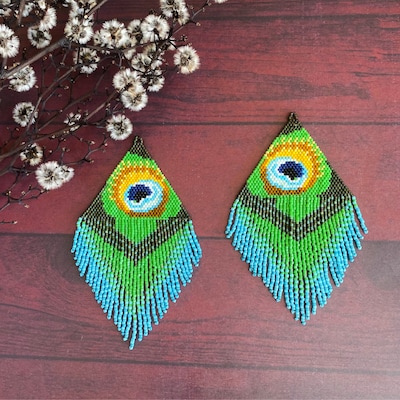 Peacock Beaded Earrings Pattern Brick Stitch Fringe Beading Pattern DIY ...