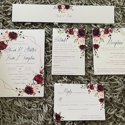 Burgundy Floral Wedding Invitation Template Set, Wedding Invite With ...