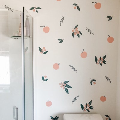 Peaches Wall Decals Hand Drawn Peach Decal Leaves Sticker - Etsy