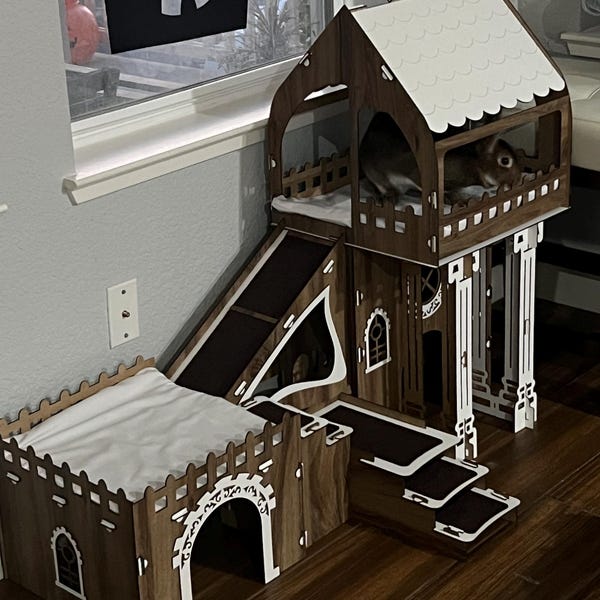 Roofed Triplex Rabbit House, Large Rabbit Castle, 3 Rabbit House, Bunny ...