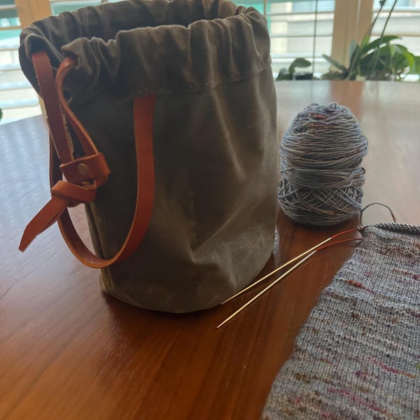 Knitting Project Bag NATURAL Canvas and Golden Brown English Bridle ...