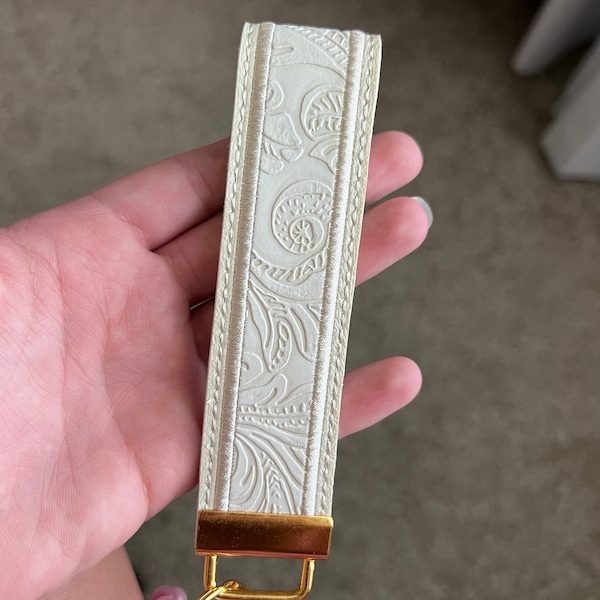 Cream Embossed Vegan Leather Wristlet Keychain Key Chain, Bridesmaid ...