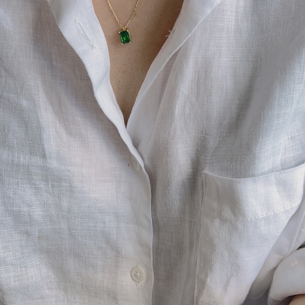 14k Solid Gold Rectangle Emerald Necklace, Minimalist Necklace, Emerald ...