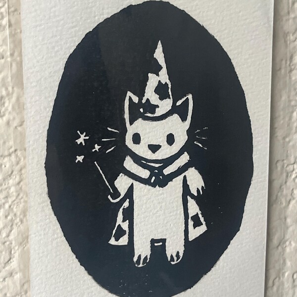 Magical Wizard Cat Linocut Block Print | 4 X 6 Mini Print | Printmaking ...