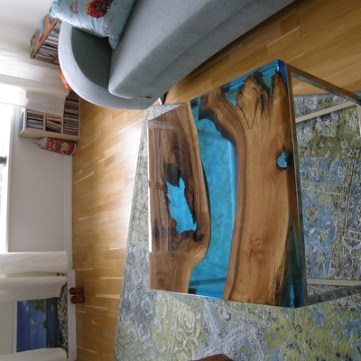 Custom Live Edge Table Made of Walnut Wood, River Table With Grey Glass ...