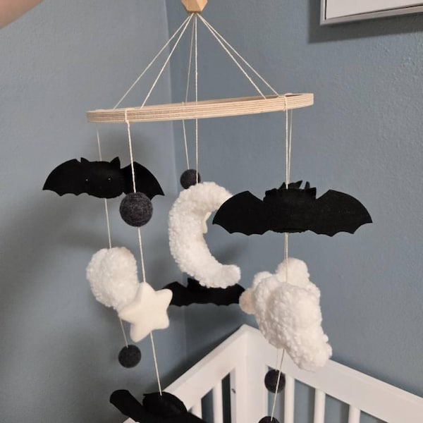 Bat Boucle Baby Mobile, White and Black Boucle Mobile, Bat Mobile for ...