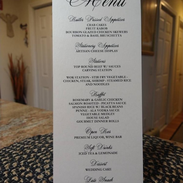 PRINTED Wedding Dinner Menu, 4x8" or 5x7" Card, Table Menu, Party ...