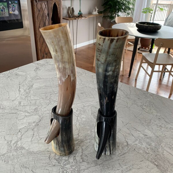 Handcrafted 20" Viking Drinking Horn With Horn Stand & Brown Leather ...