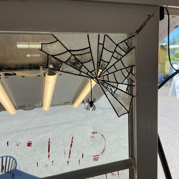 Spider Web Stained Glass Window Cling Halloween Decoration Hand Painted ...