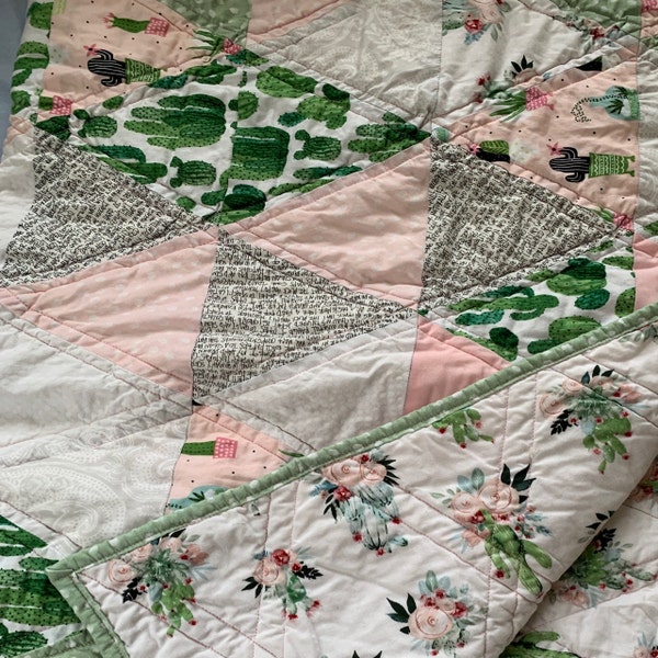 Cactus Quilt, Baby Quilt, Baby Blanket, Green and Pink, Boho Blanket ...