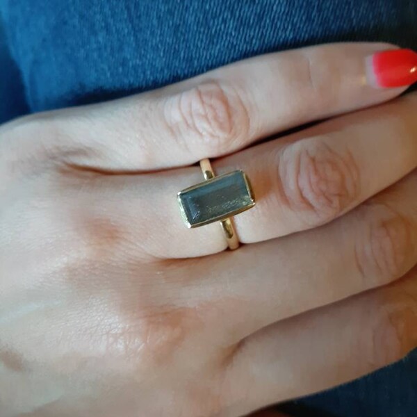 Rainbow Labradorite Ring ~ Rectangular Stone~ Gemstone ~ Natural ~ 18k ...