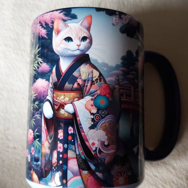 Kawaii Sumo Cat Mug Japanese Cherry Blossom Coffee Mug Cute Cat Mom & Cat Dad Gift Sleepy Cat ...