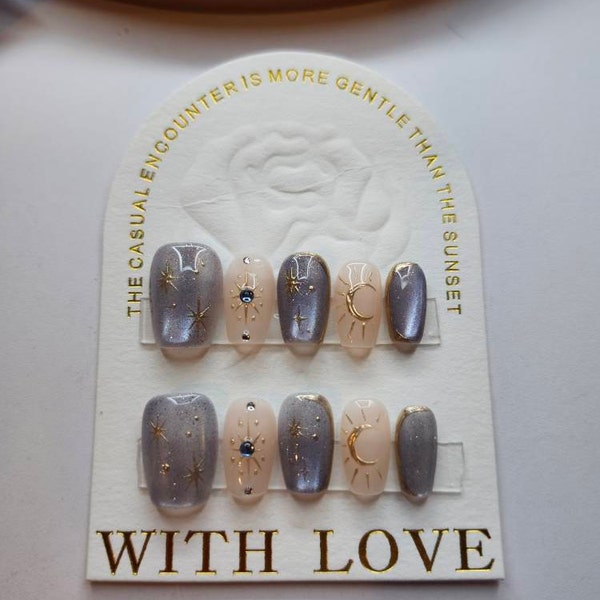 Fairy Galaxy Sky Blue Cat Eye 3D Golden Moon Stars Lines Press on Nails ...