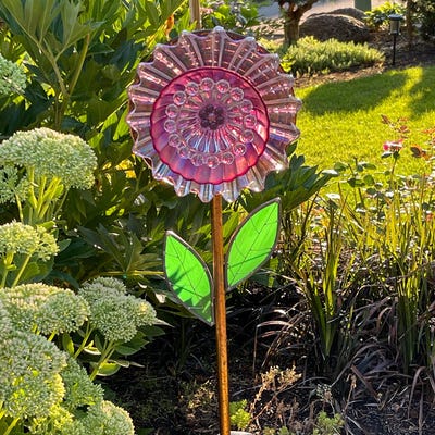 Plate Flower Copper Stem, Rebar Cover, With Two Stained Glass Leaves ...