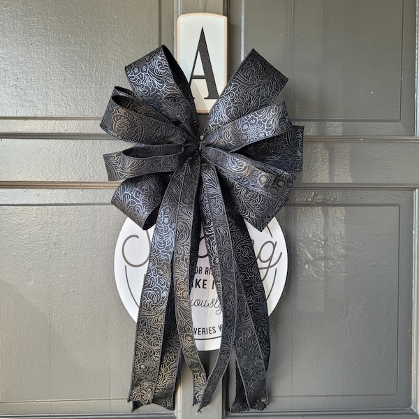 Black Wreath Bow, Embossed Wreath Bow, Black Flower Bow for Tree Topper ...