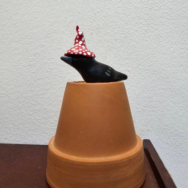Made to Order Mushroom Crow Totem, Raven Clay Figurine, Crow Sculpture ...