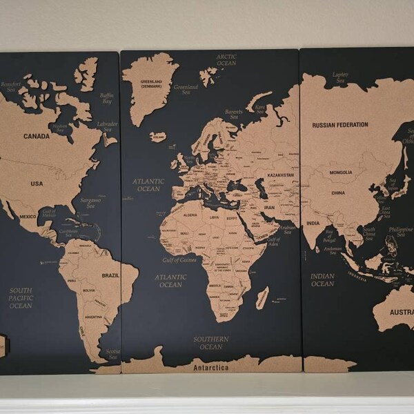 3 Panel World Map Wall Art Above Bed Decor, World Map Push Pin Travel ...