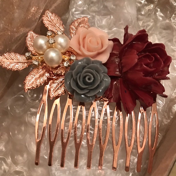Rose Gold Bridal Hair Comb Maroon Burgundy Dark Red Wedding Hair Comb ...