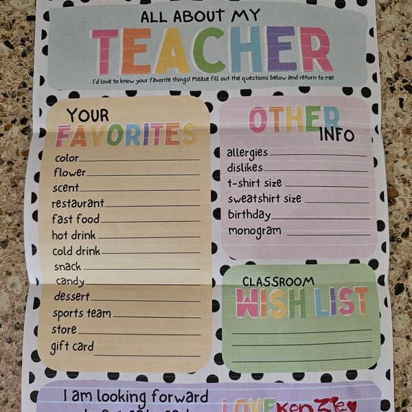 Teacher Favorite Things Questionnaire, Back to School Teacher Survey ...