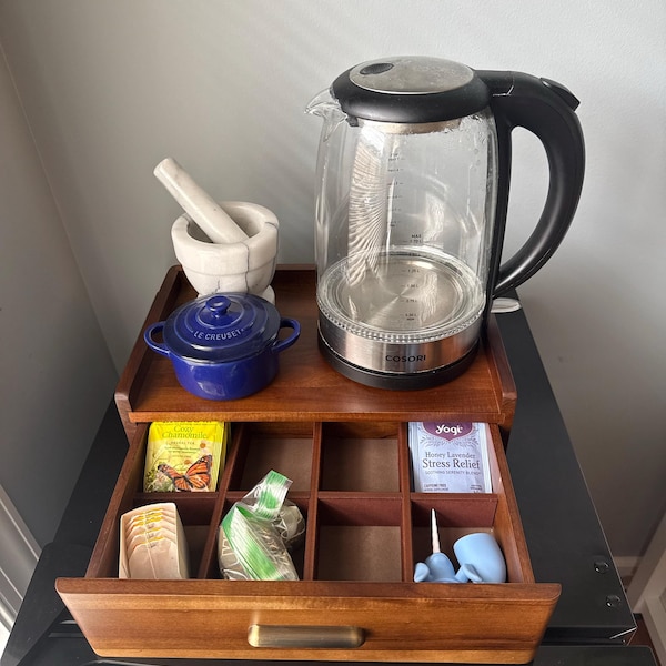 Custom Engraved Office Tea Station With Tea Bag Drawer Solid Wood Tea ...