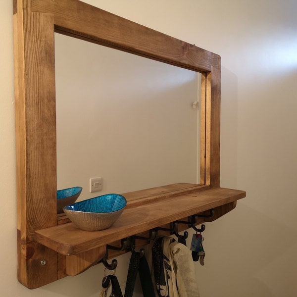 Large Mirror With Shelf & 5 Iron Hooks, Wide Rustic Wooden Frame, 76W X ...