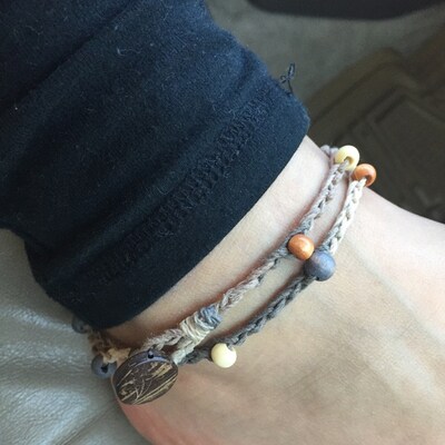 Wrap Boho Hemp Anklet or Bracelet, Crocheted With Wood Beads on Ombre ...