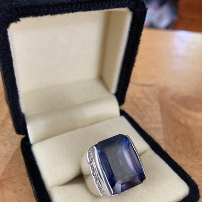 12 Carat Rare Deep Blue London Topaz Mens Square Shape Ring Sterling ...