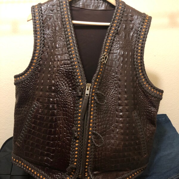 Gator Embossed Leather Vest for Bikers. 100% Handcrafted Vest. Hand ...