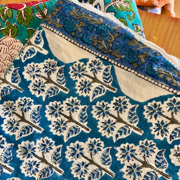 Cyan Beautiful Hand Block Printed Fabric, Cotton Fabric, Indian Fabric ...