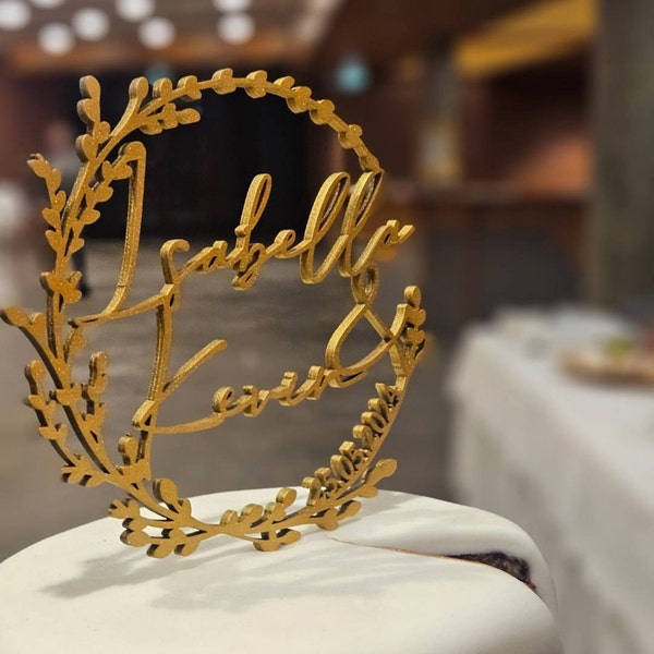 Gold Wedding Cake Topper With Floral, Custom Couples Script Cake Topper ...