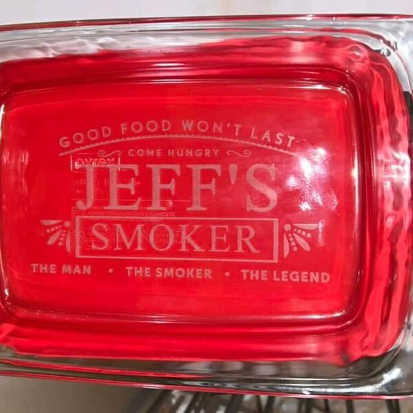 Customizable BBQ, Grill or Smoker Etched Glass Pan With Blue or Red Lid ...