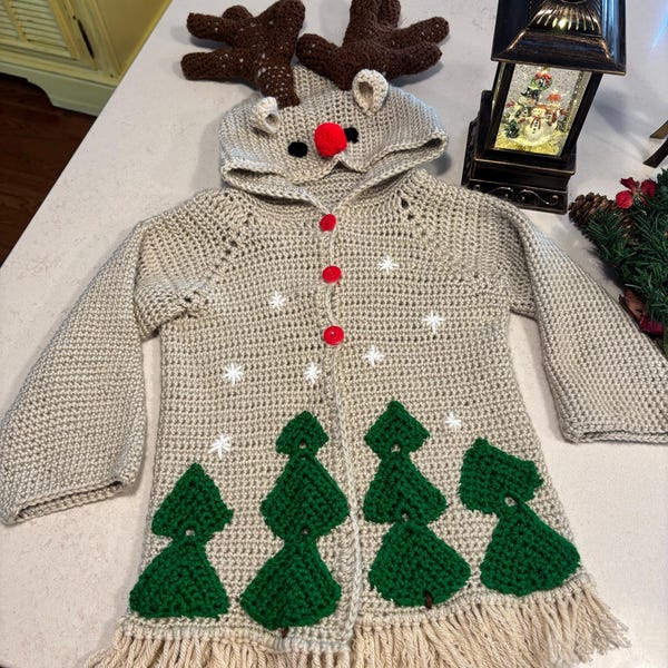 Reindeer Hooded Cardigan Crochet Pattern - All Sizes - Festive Multi ...