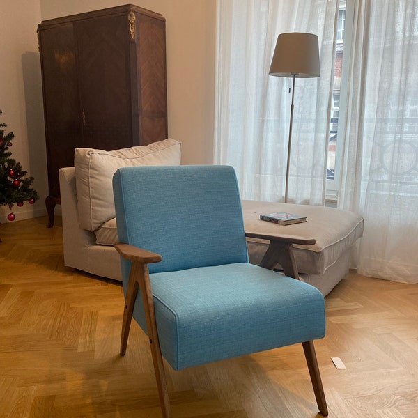 Mid-century Modern Armchair in Beige Linen, Handmade Vintage-style ...