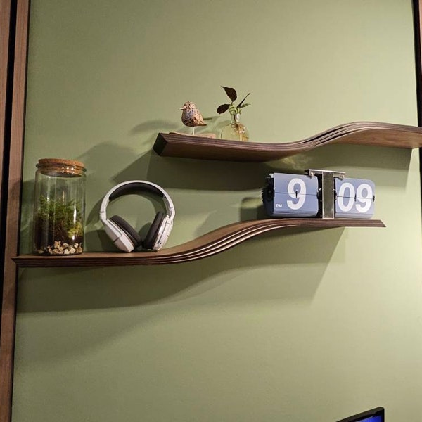 Curved Floating Shelf Wall Mounted, Modern Walnut Hanging Design ...