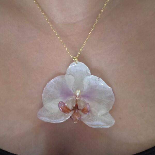 Purple-white Orchid Necklace|925 Sterling Silver Chain|18k Gold Plated ...