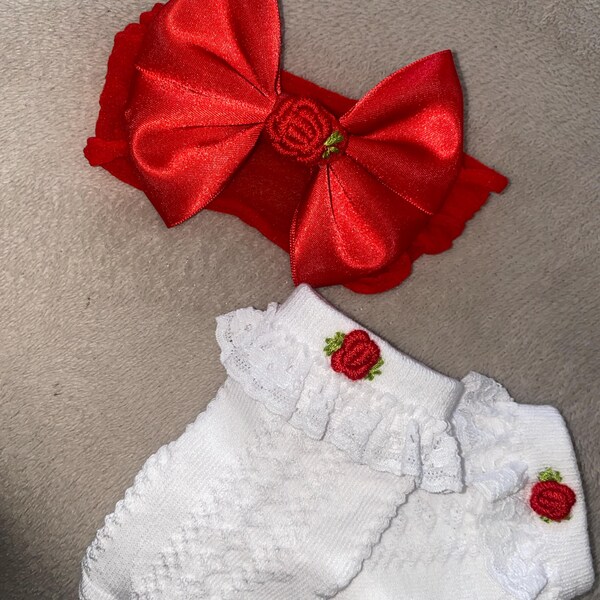 Red Satin Headbands With Matching Sock Red Flower Embroidery Nylon ...