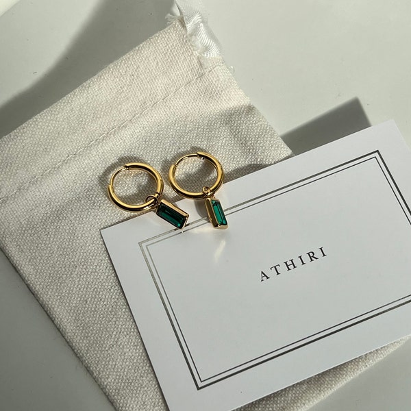 Dainty 18k Gold Plated Emerald Huggies | Hypoallergenic | Green ...