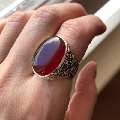 ORANGE YELLOW Yemeni Aqeeq Silver Ring Handmade Sterling Silver Agate ...