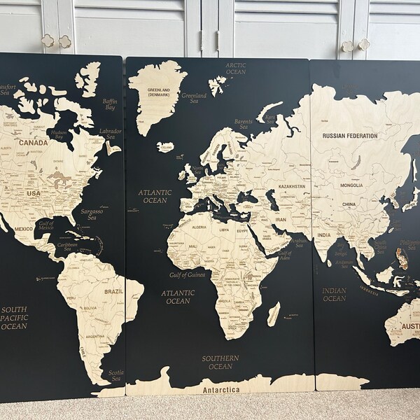 3 Panel World Map Wall Art Above Bed Decor, World Map Push Pin Travel ...