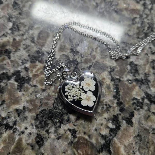 Handmade Pressed Flower Lily Heart Locket Necklace, Floral Sterling ...