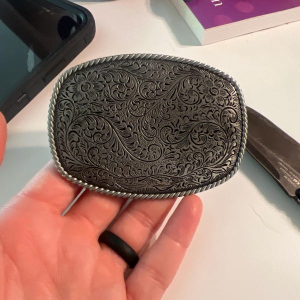 Large Engraved Silver Belt Buckle Navajo Design Engraved Border Western ...