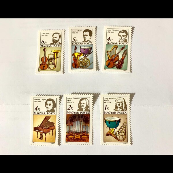 Famous Composers and Symphony Instruments on 1985 Hungary Postage ...