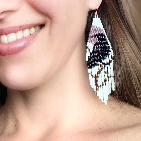 Megan Raven Fringe Earring // Beaded Crow Earring // Hand Beaded Bird ...