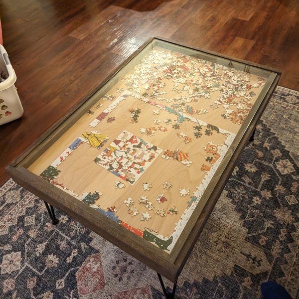 Rustic Puzzle Coffee Table With Removable Glass Top - Includes 2 Hidden ...