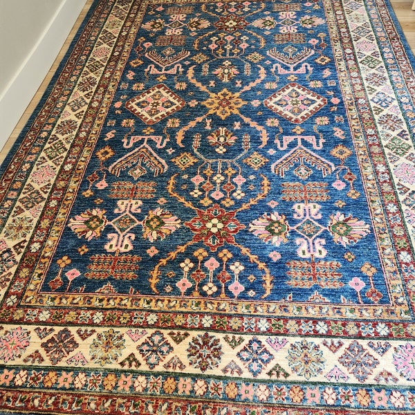 6x6 Round Rug, Handmade Afghan Blue Floral Persian Circle Rug, Oriental ...