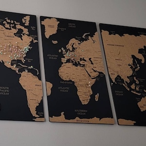 3 Panel World Map Wall Art Above Bed Decor World Map Push Pin - Etsy