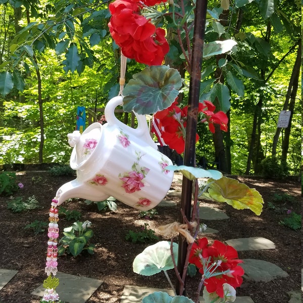 Cottage Tea Pot Garden Decoration, Hanging Kitchen Decor, Upcycled Tea ...