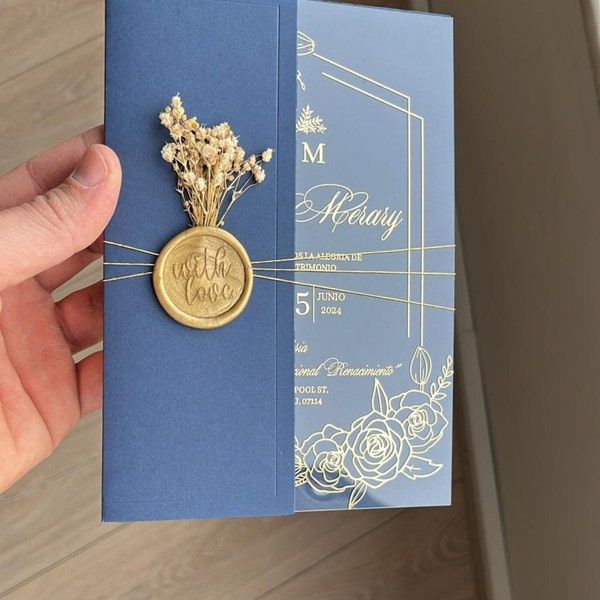 Blue Foil Acrylic Wedding Invitation: Floral Embellishments - Etsy
